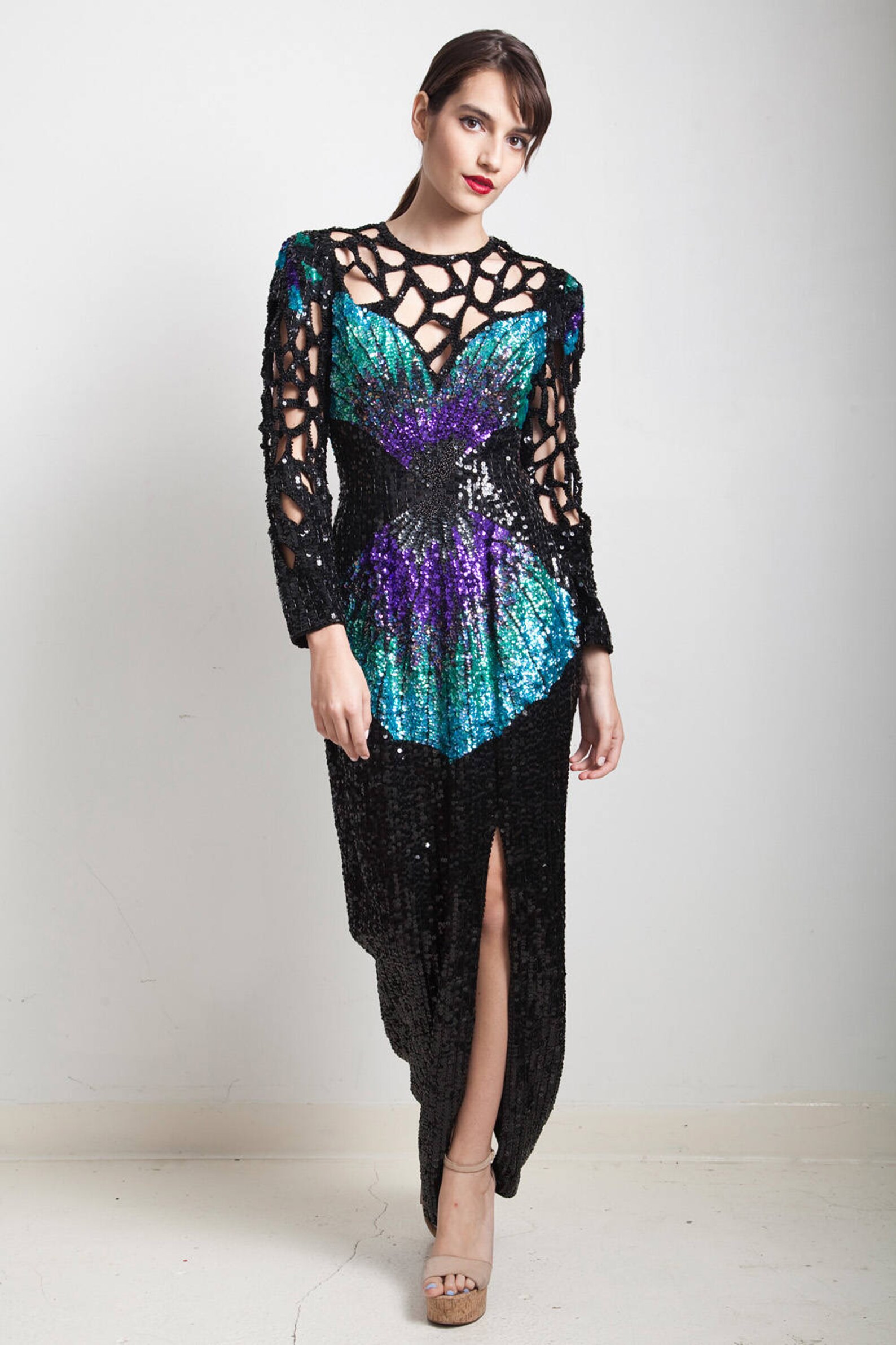 Vintage 80s Performance Dress Evening Gown Beaded Sequined Cutout ...
