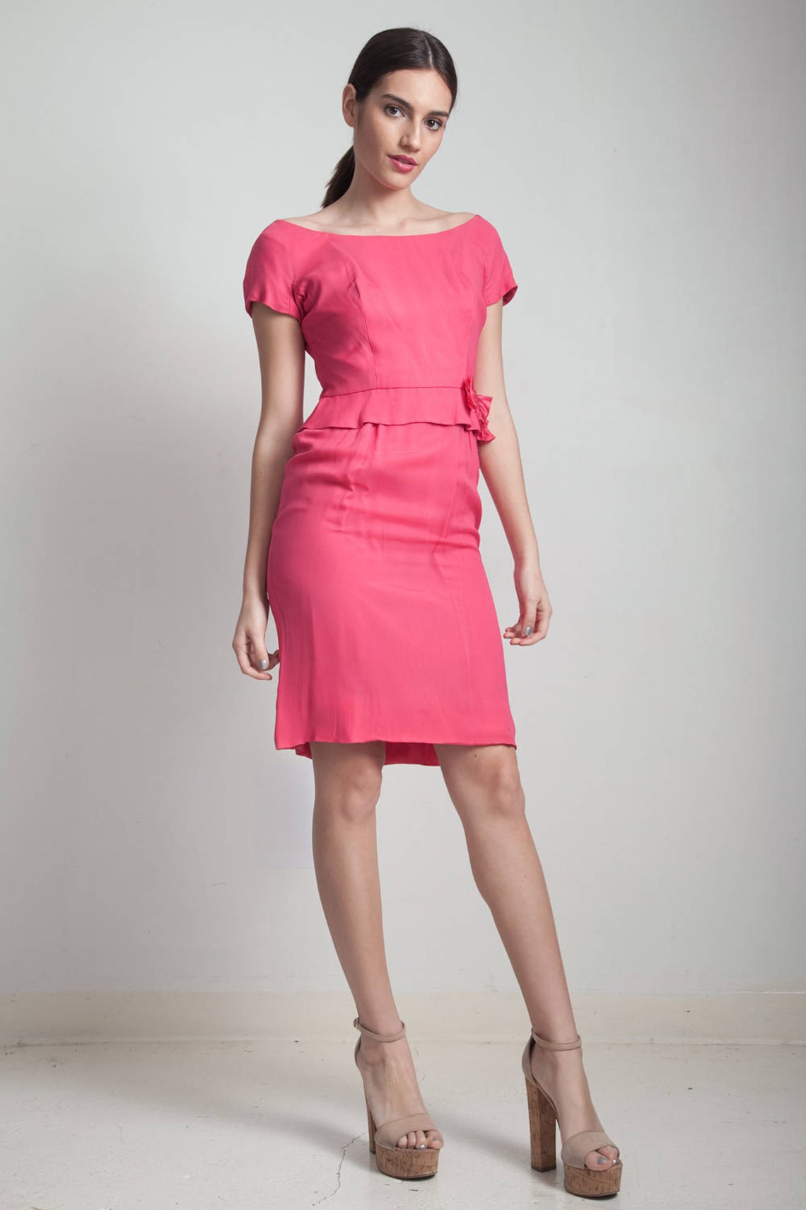 Vintage 1950s Pink Peplum Dress Short Sleeves Bow Waist Boat | Etsy