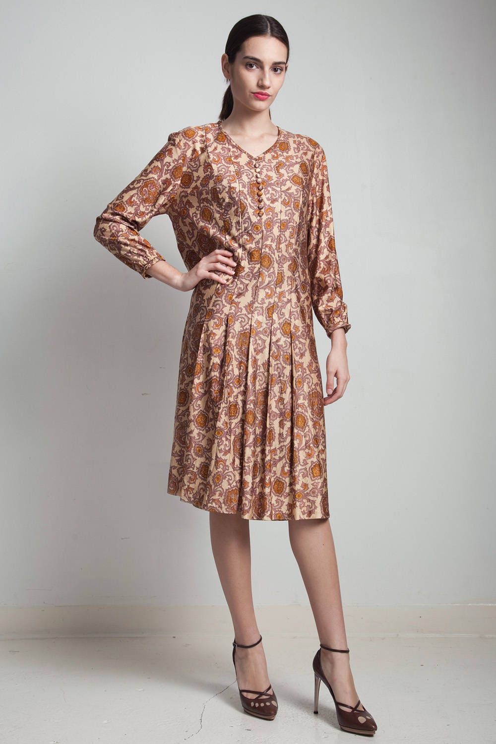 Brown Pleated Paisley Day Dress Vintage 70s Polyester Faille - Etsy