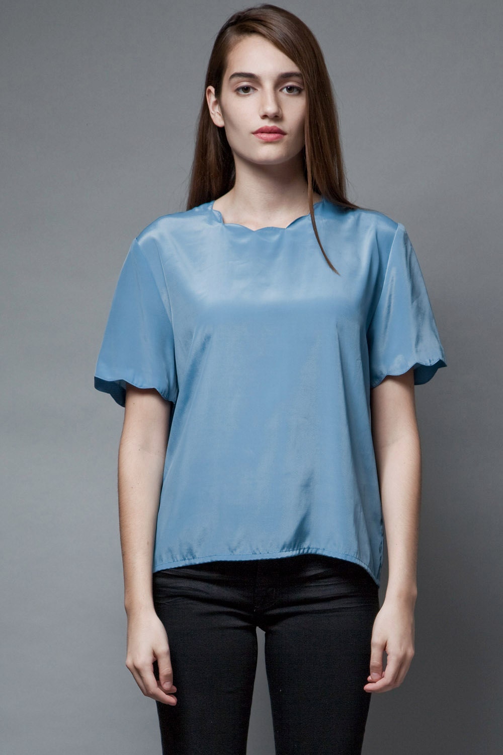 Vintage Slinky Secretary Top Blouse Scalloped Edges Smoke Blue S M ...