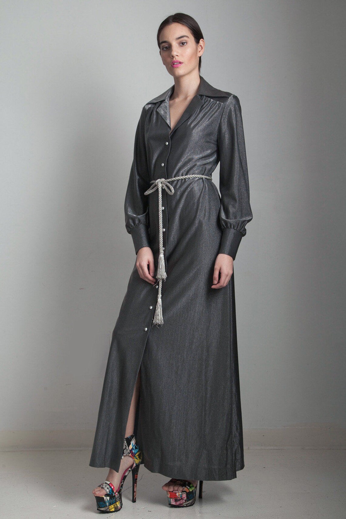 Metallic Gray Duster Long Coat Jacket Dress Vintage 70s Tassel Belt ...