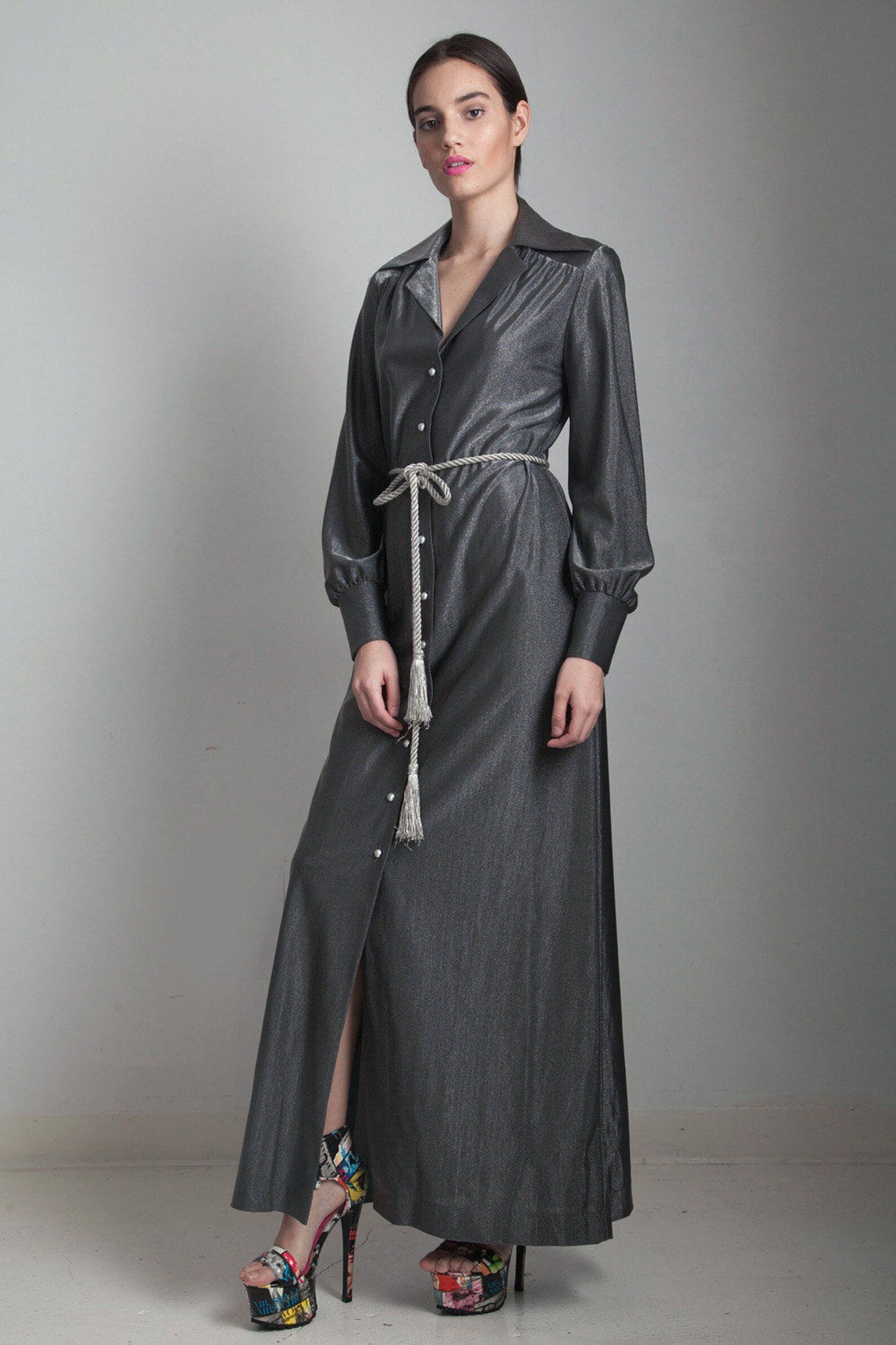 Metallic Gray Duster Long Coat Jacket Dress Vintage 70s Tassel Belt ...