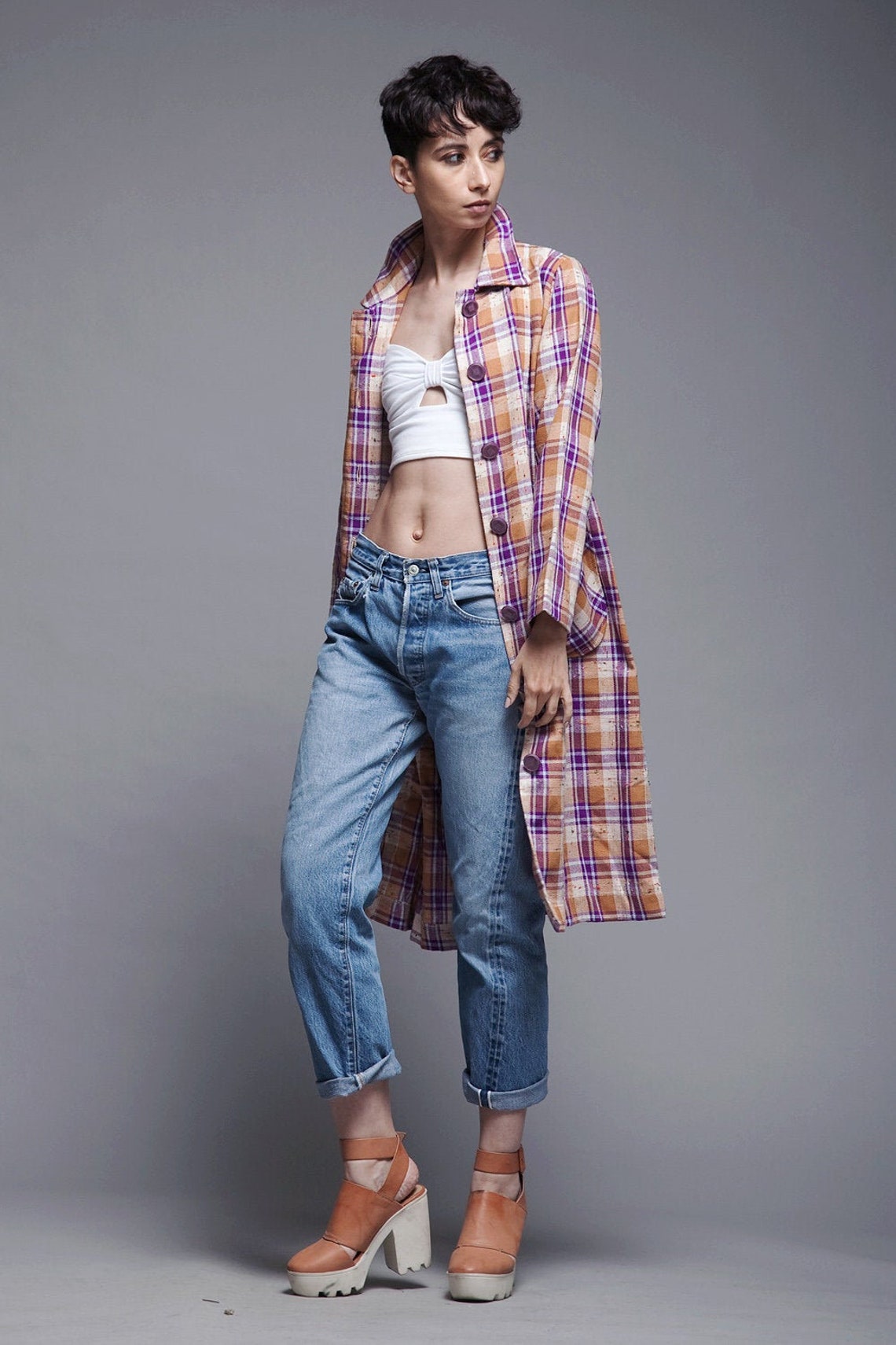 Tweed Plaid Coat Dress Pleated Duster Brown Purple Patch - Etsy