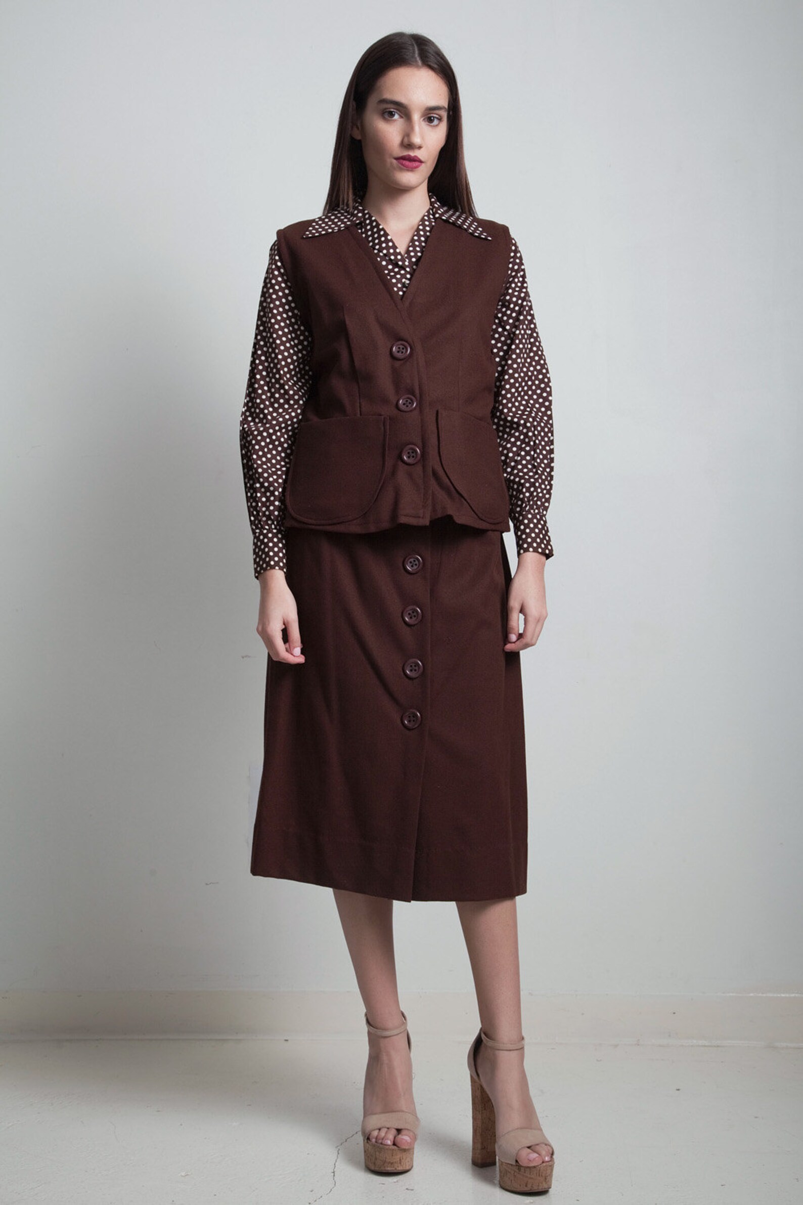 Vintage 70s Preppy Vest Skirt Suit Polka Dot Blouse Chocolate Brown ...