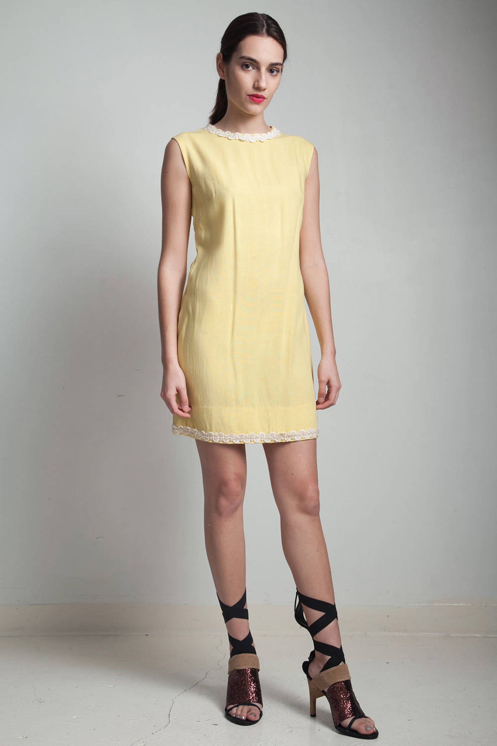 Vintage 60s Shift Mini Dress Yellow Linen Mod Lace Trim | Etsy