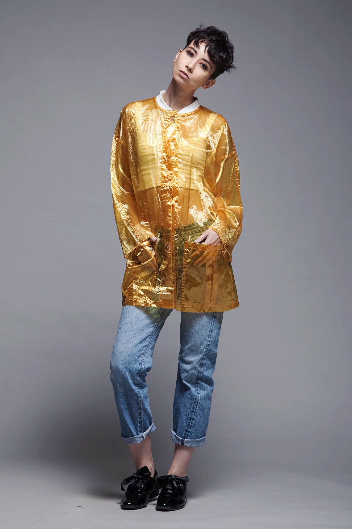 Sheer See Through Shell Bomber Jacket Italian Yellow Shiny | Etsy