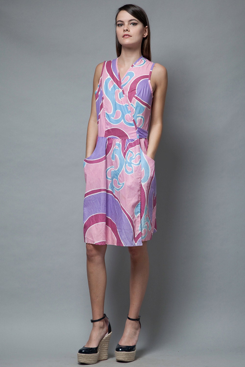 Psychedelic Wrap Dress Printed Cotton Purple Pocket Sleeveless Swirl ...