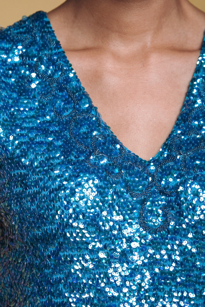 Sequined Knit Top Blue Green Sleeveless V Neck Hand Beaded Vintage 60s ...