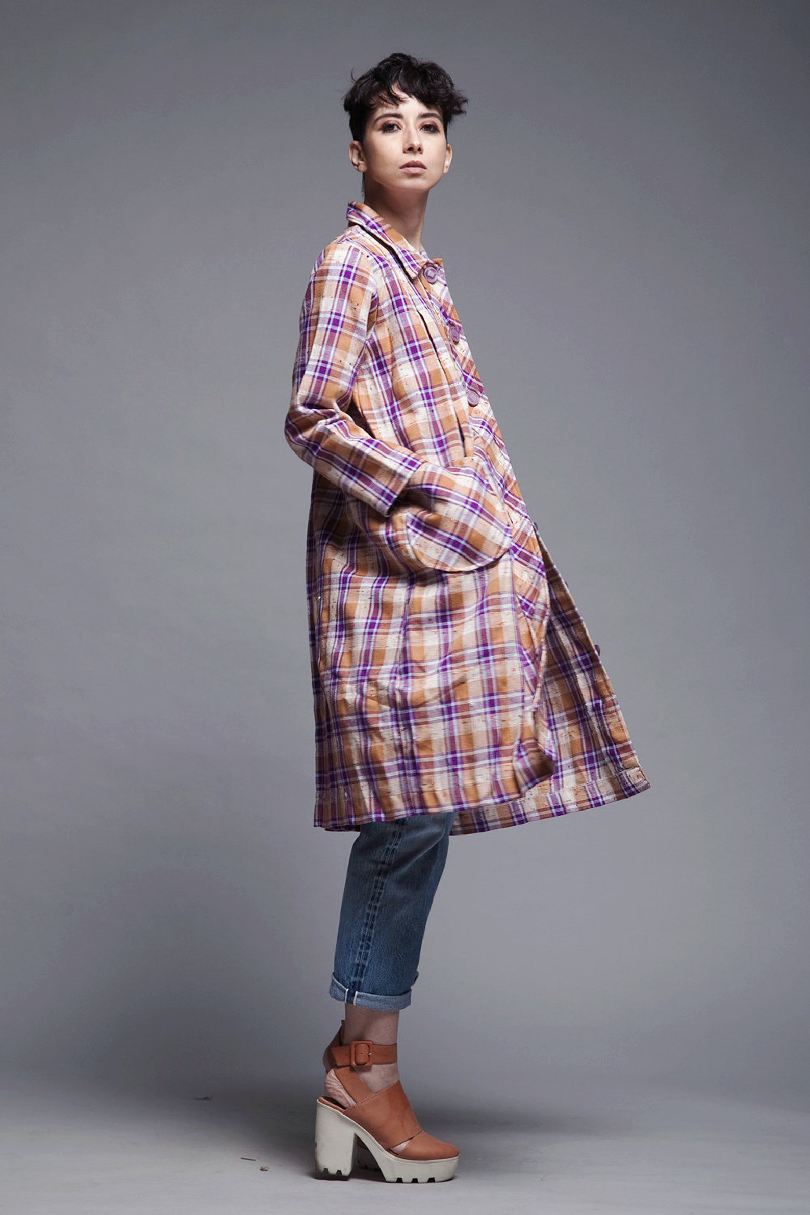 Tweed Plaid Coat Dress Pleated Duster Brown Purple Patch - Etsy