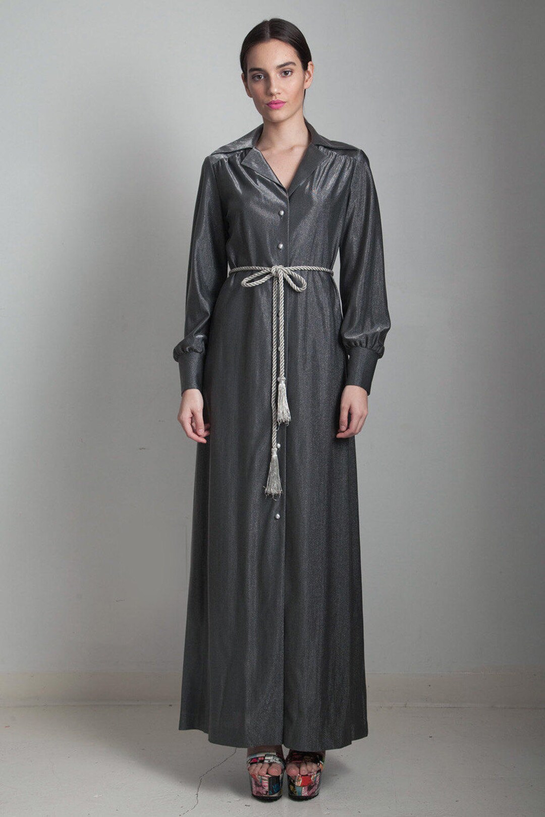 Metallic Gray Duster Long Coat Jacket Dress Vintage 70s Tassel Belt ...