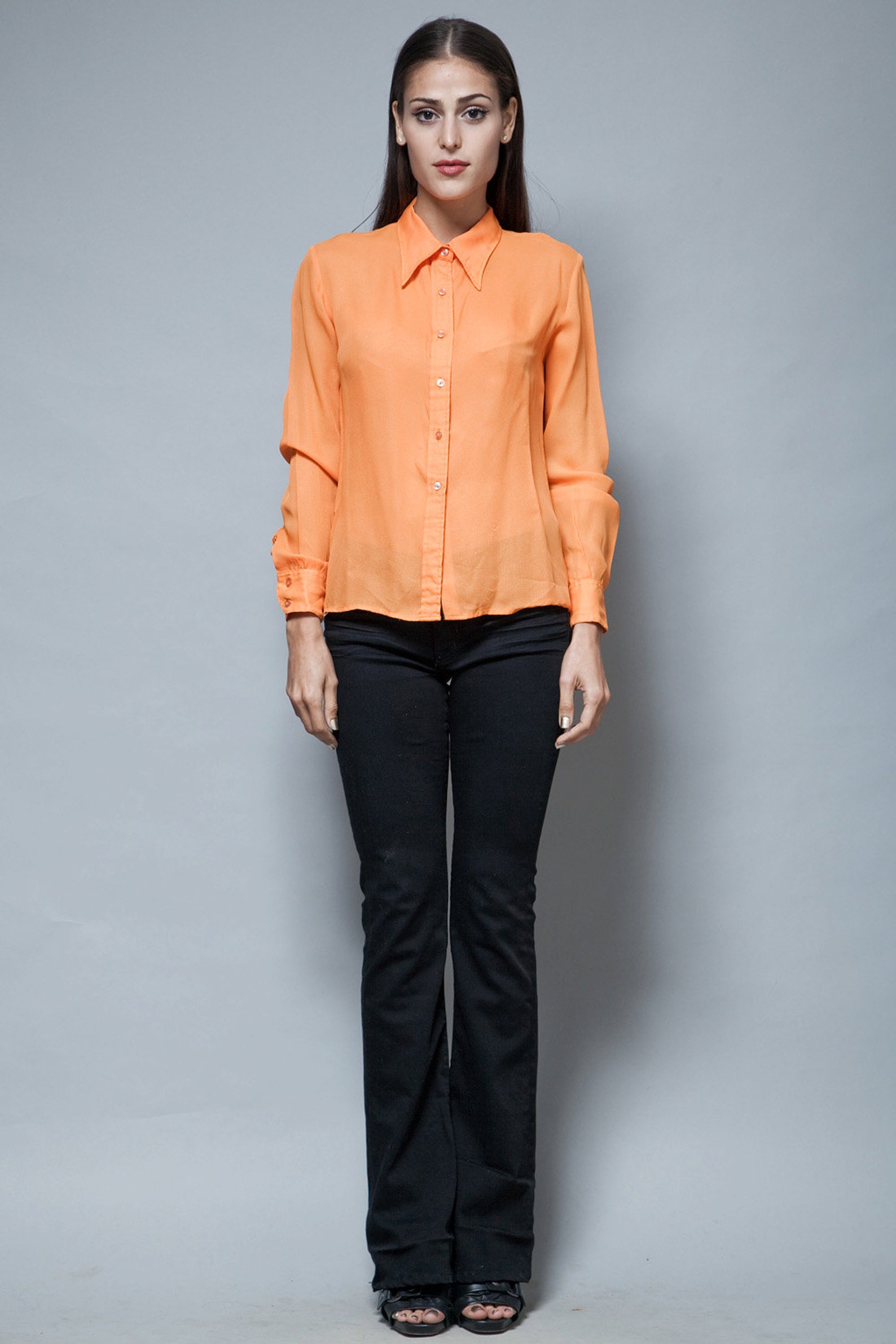 Vintage 70s Pointy Collar Blouse Solid Orange Shirt Long Sleeves Semi ...