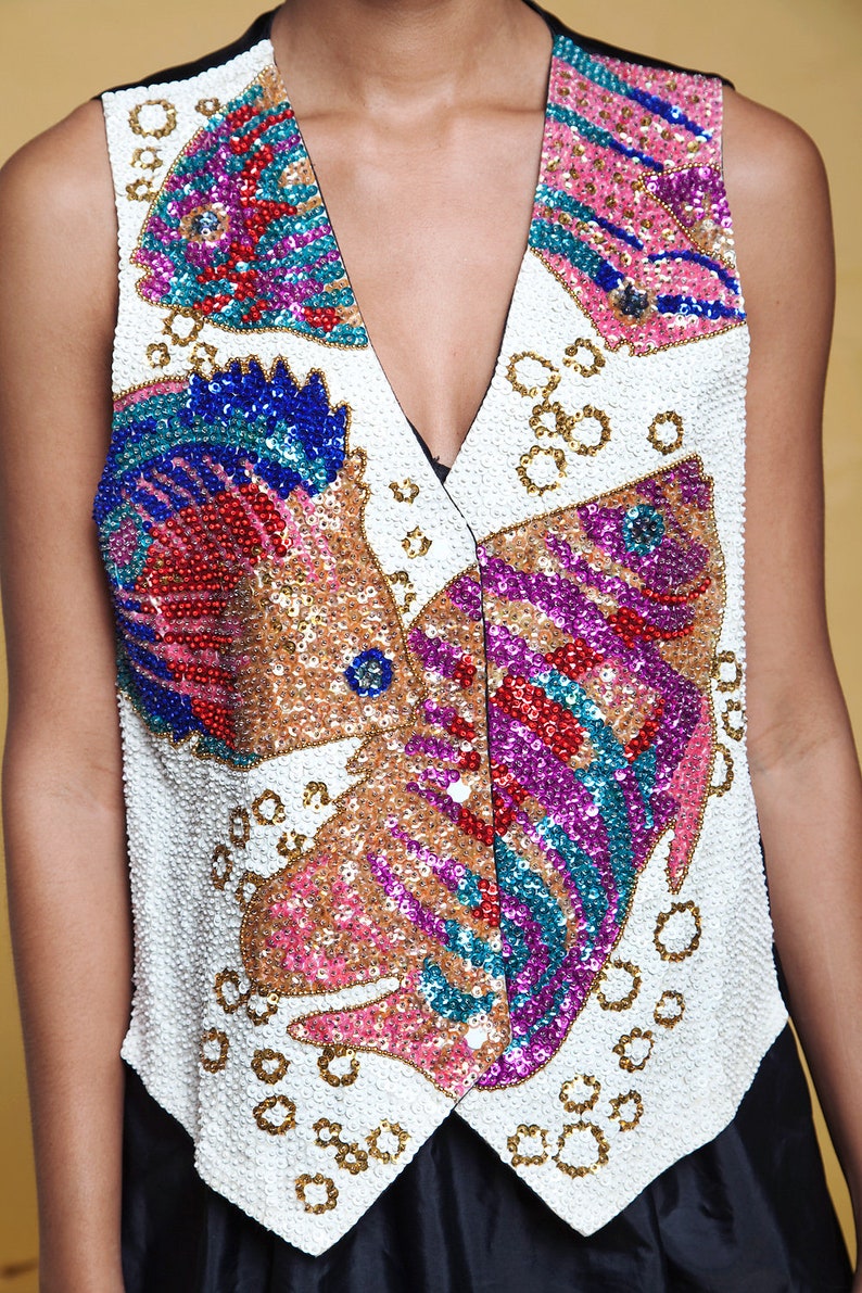 Beaded Vest Sequined Fish Sleeveless Top Kitschy White Pink Vintage 80s ...