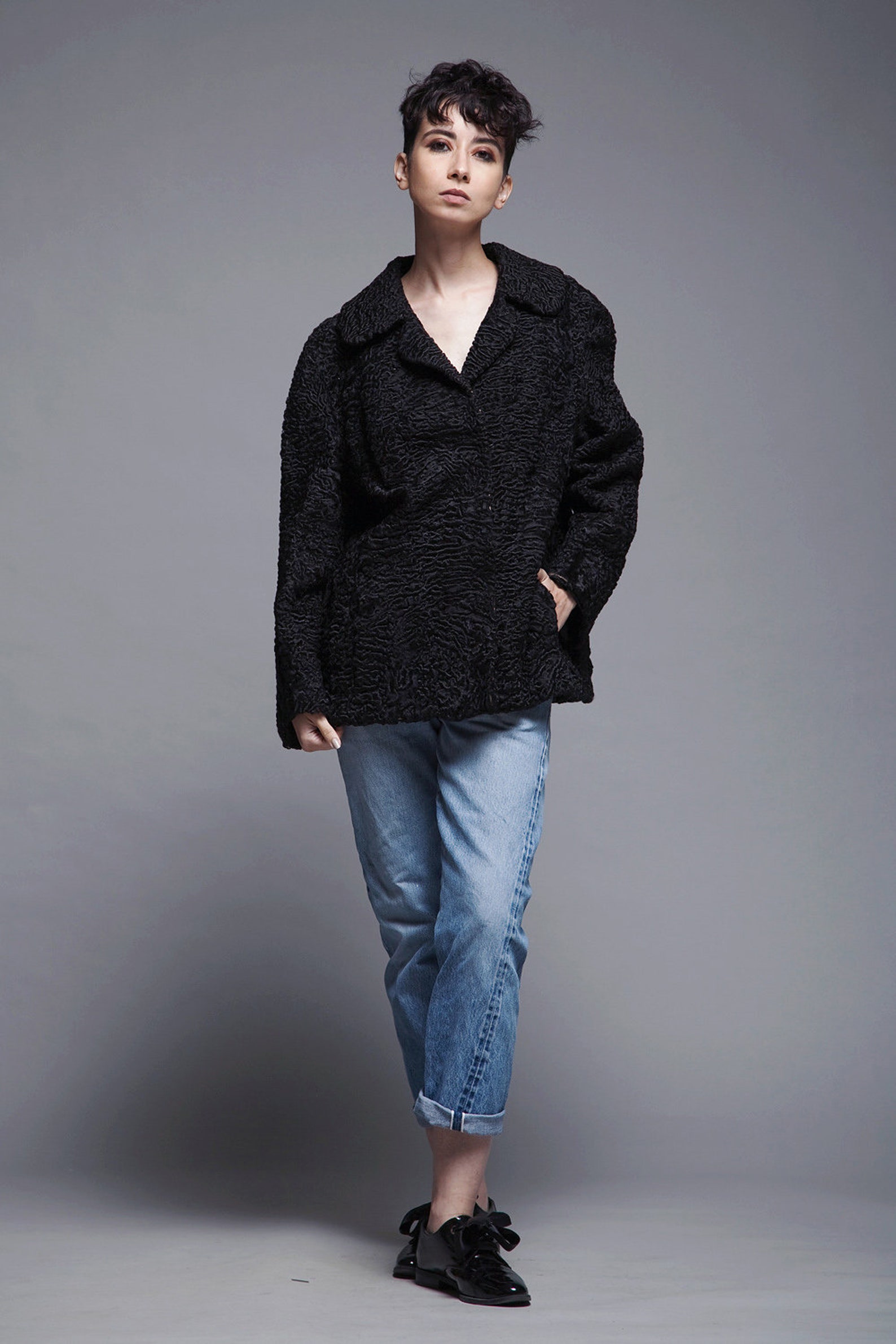 Curly Lamb Wool Fur Coat Jacket Black Vintage 60s MEDIUM LARGE | Etsy