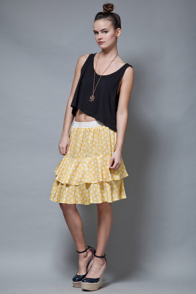 Ruffled Skirt Tiered Yellow Satin Damask Flowy Vintage 80s ONE - Etsy