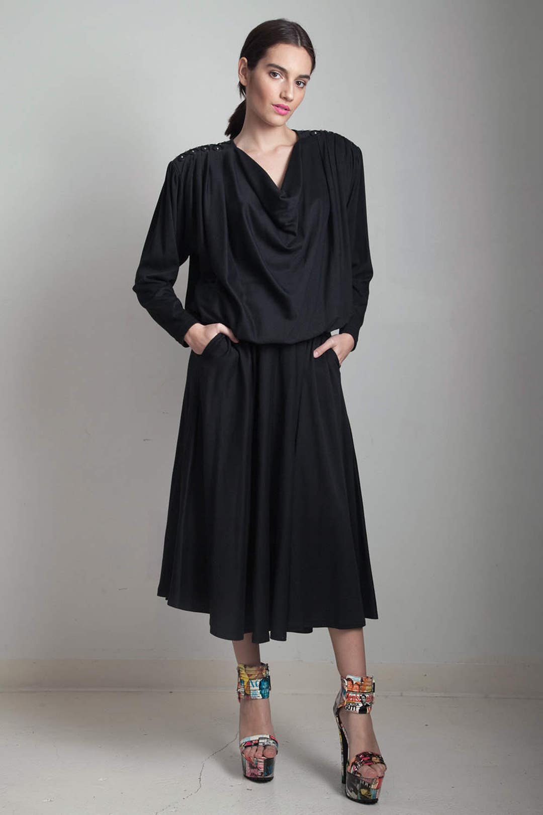 Draped Dress, Drape Shoulder 2-piece Set Midi Skirt Long Sleeves ...