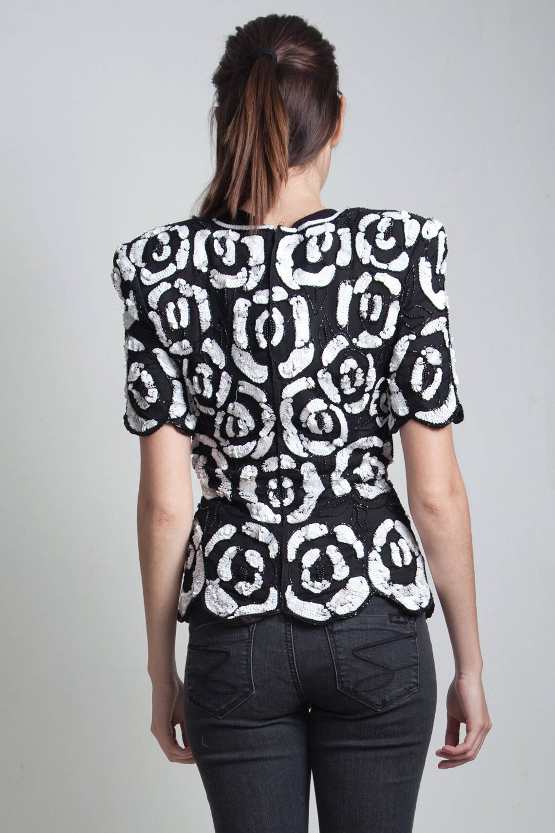 Evening Top Beaded Sequined Silk Party Rose Black White NYE Vintage 80s ...