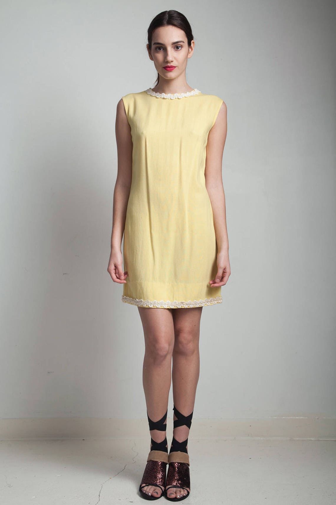 Vintage 60s Shift Mini Dress Yellow Linen Mod Lace Trim | Etsy