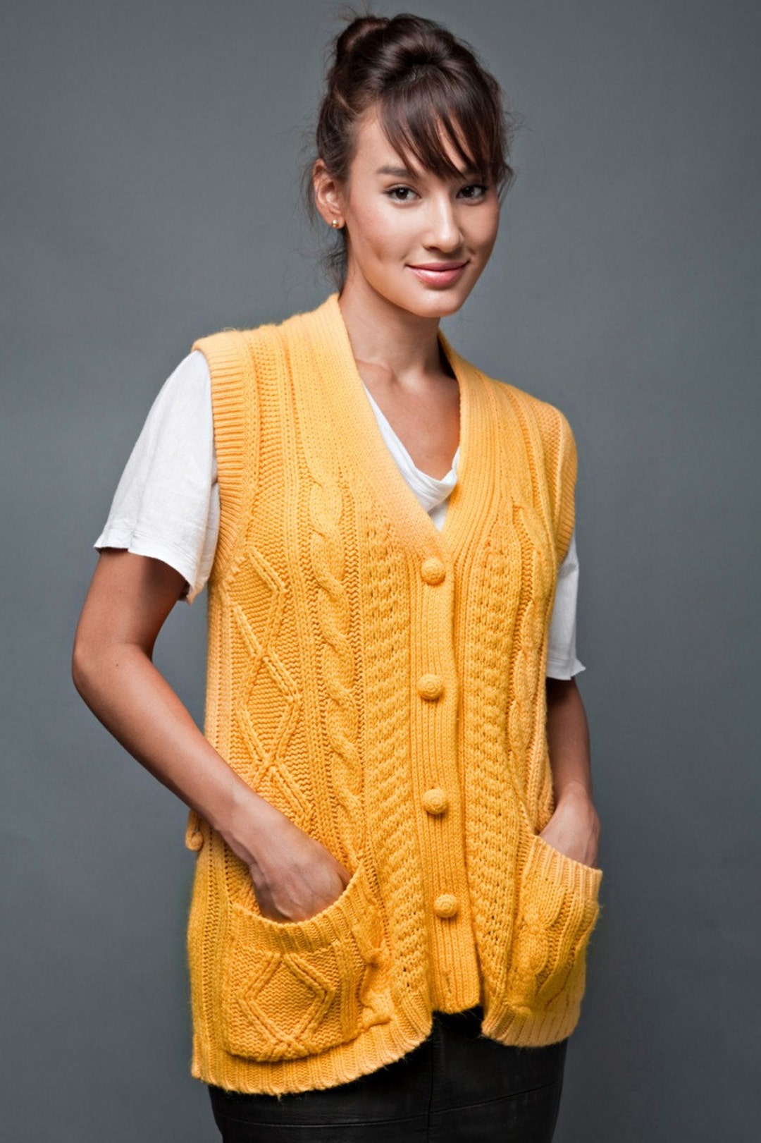 Vintage 70s Vest Cardigan Sweater Yellow Cable Knit Oversized ONE Size ...