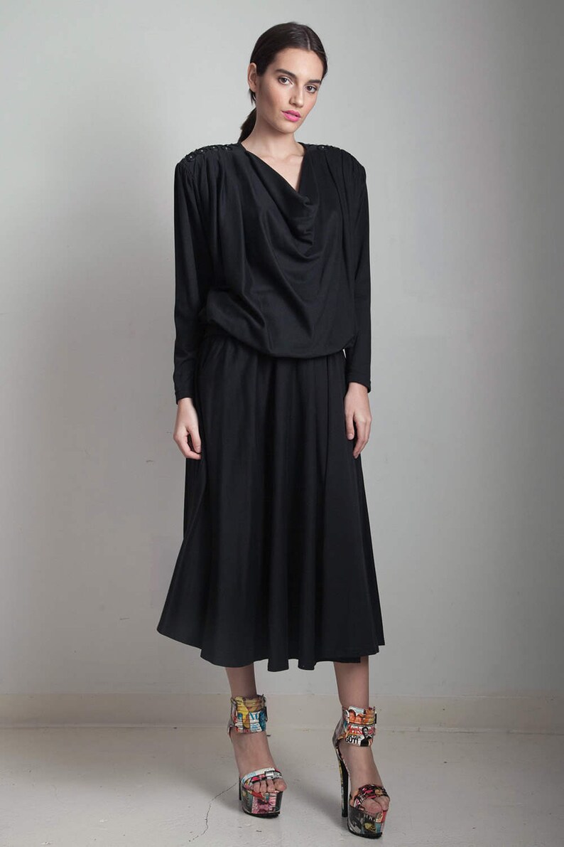 Draped Dress, Drape Shoulder 2-piece Set Midi Skirt Long Sleeves ...