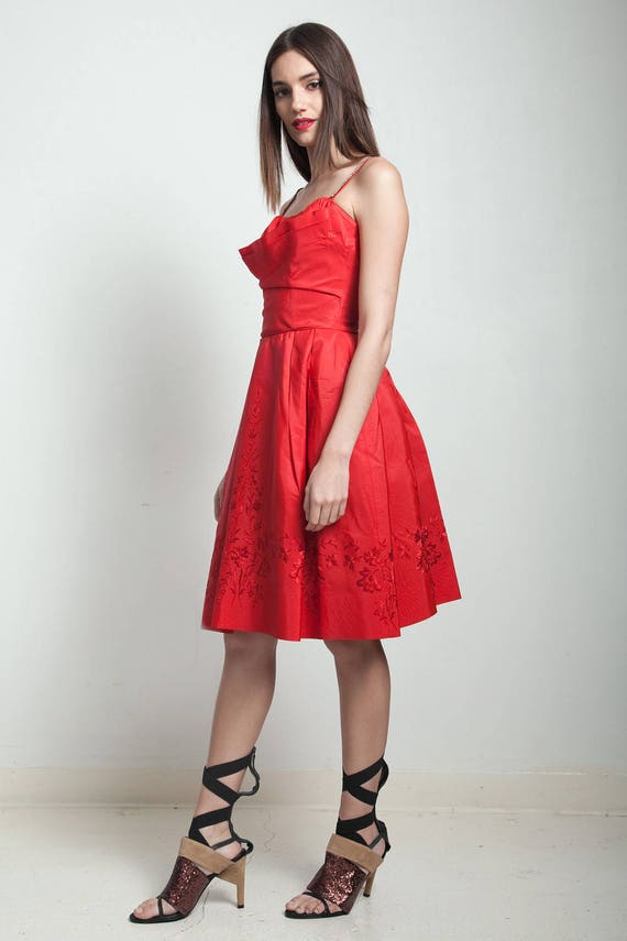 vintage 50s red party dress shelf bust floral embroid… - Gem