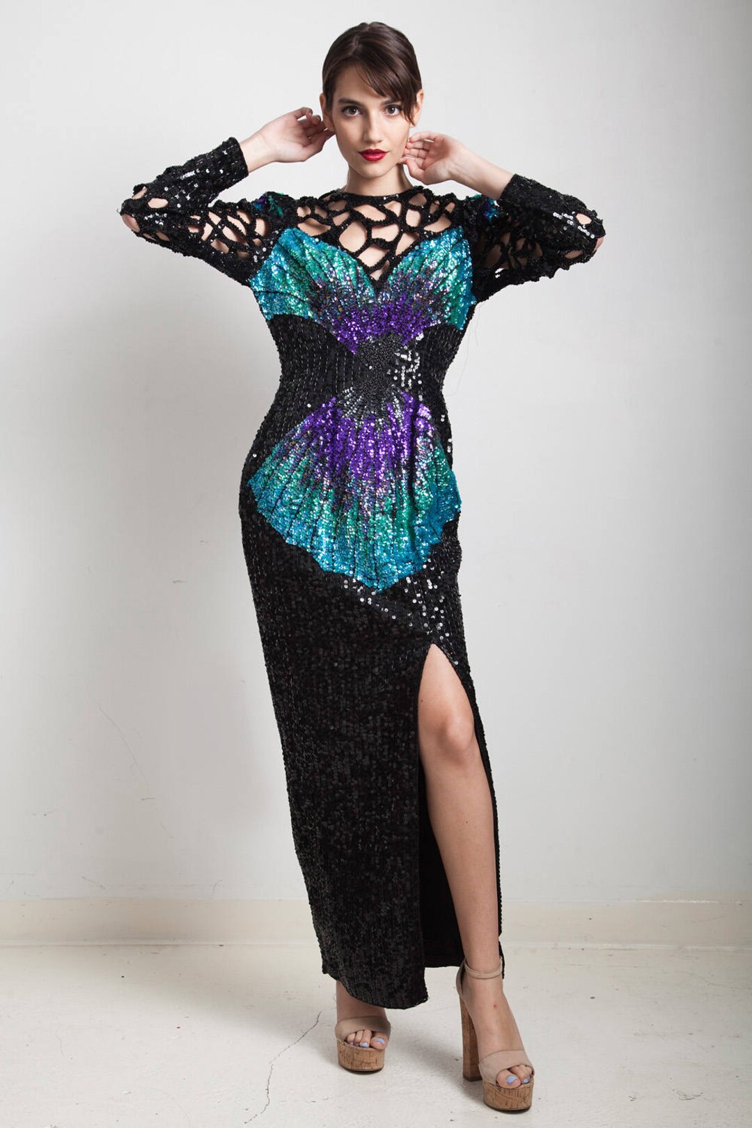 Vintage 80s Performance Dress Evening Gown Beaded Sequined Cutout ...