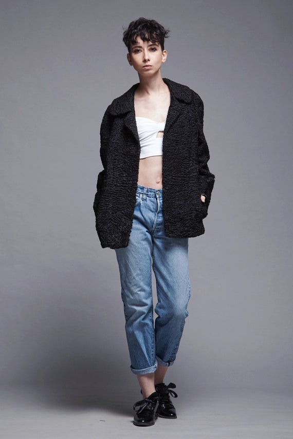 Curly Lamb Wool Fur Coat Jacket Black Vintage 60s MEDIUM LARGE | Etsy