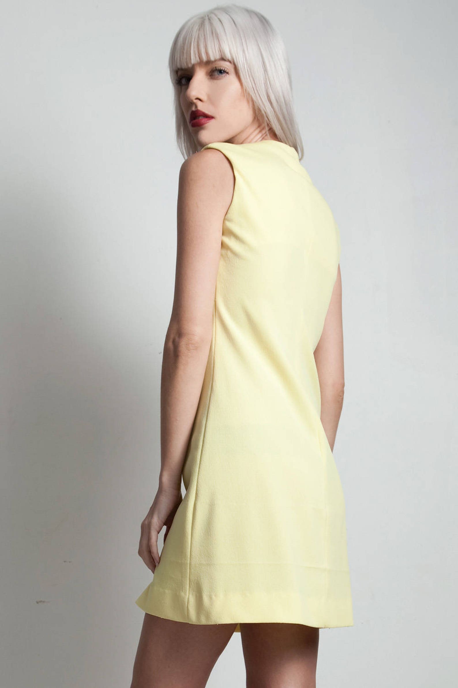 Vintage 70s Micro Mini Shift Dress Yellow Double Knit Sleeveless SMALL ...