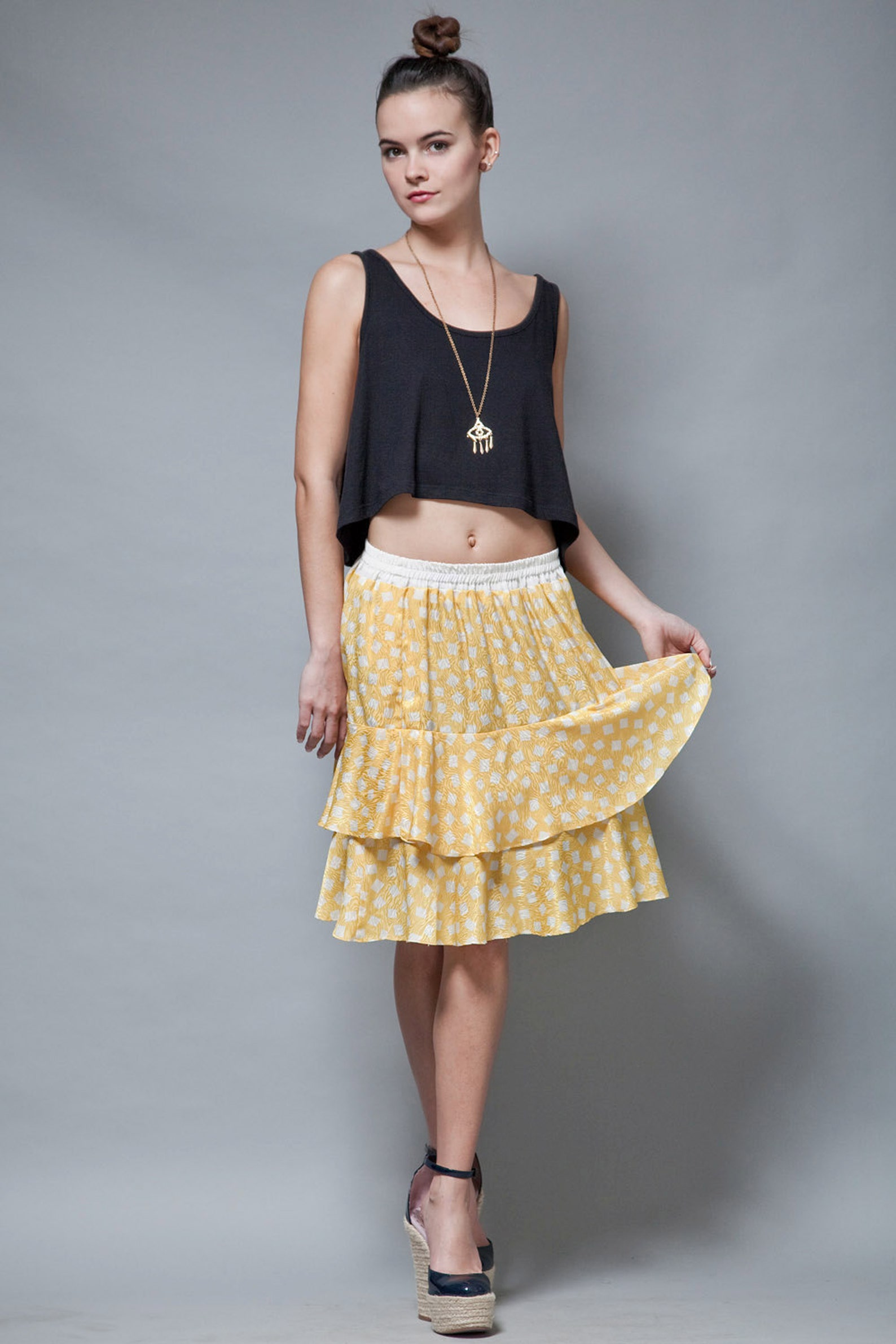 Ruffled Skirt Tiered Yellow Satin Damask Flowy Vintage 80s ONE SIZE S M ...