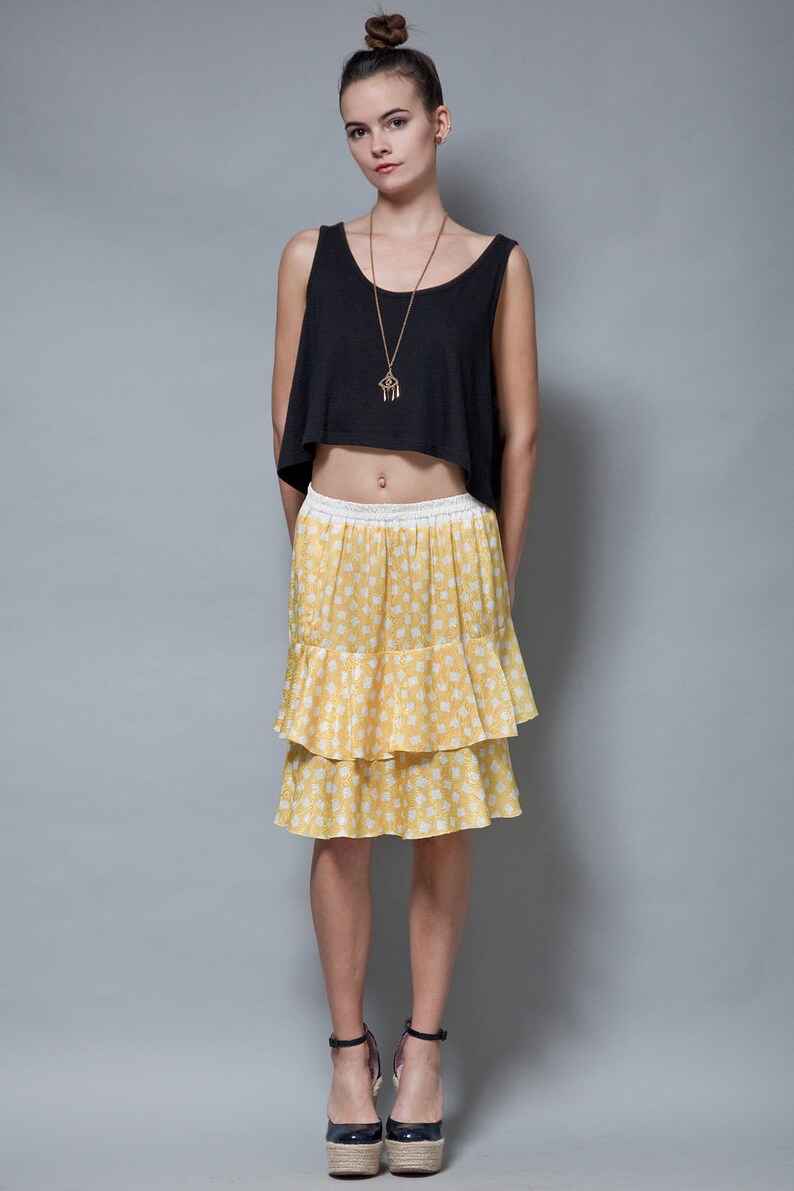 Ruffled Skirt Tiered Yellow Satin Damask Flowy Vintage 80s ONE SIZE S M ...