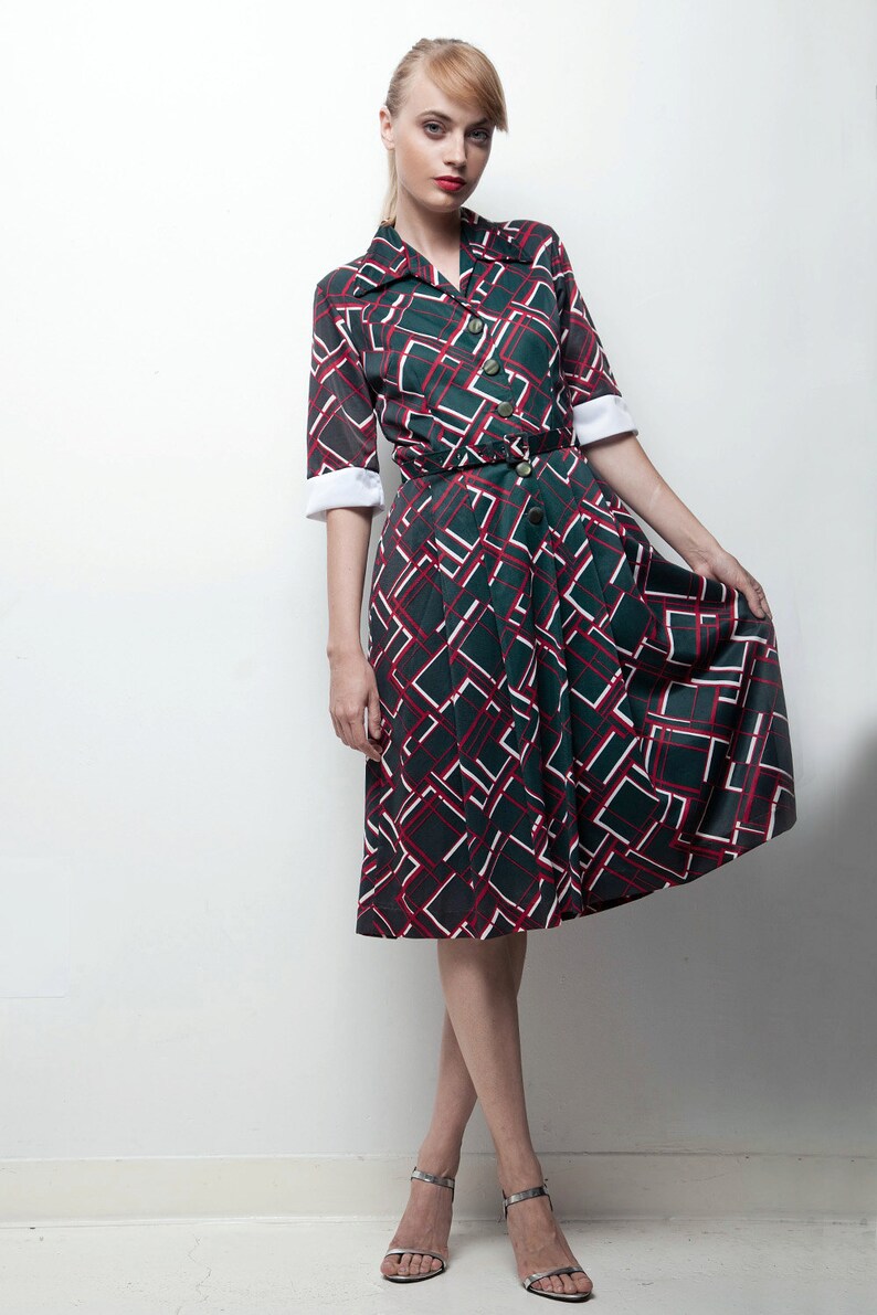 Preppy 70s Shirtwaist Dress Grey Red Geometric Half Sleeve MEDIUM M - Etsy