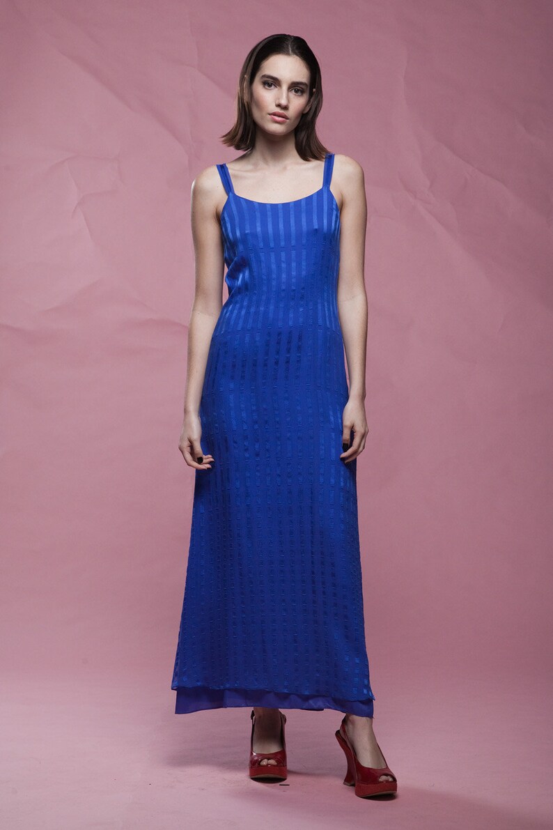 Blue Silk Dress Flowy Maxi Ankle Length Shoulder Straps - Etsy