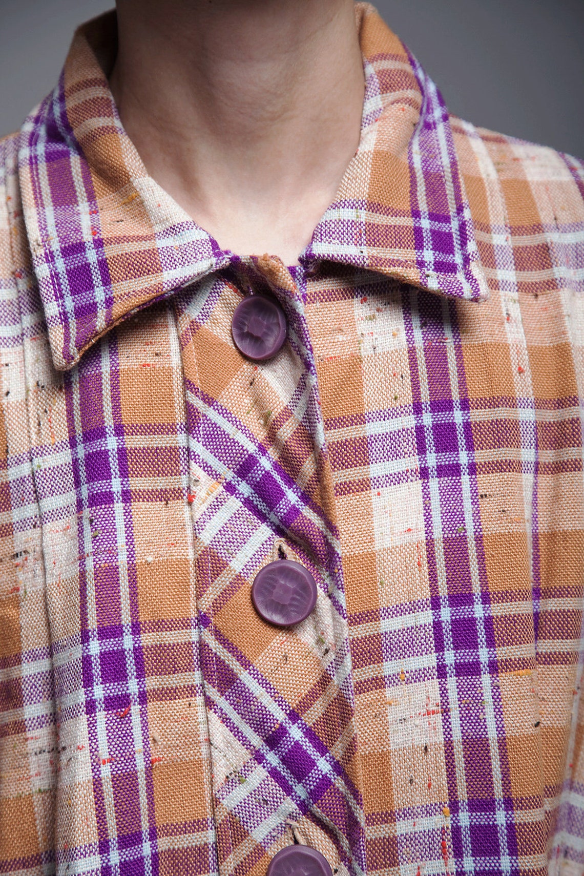 Tweed Plaid Coat Dress Pleated Duster Brown Purple Patch - Etsy