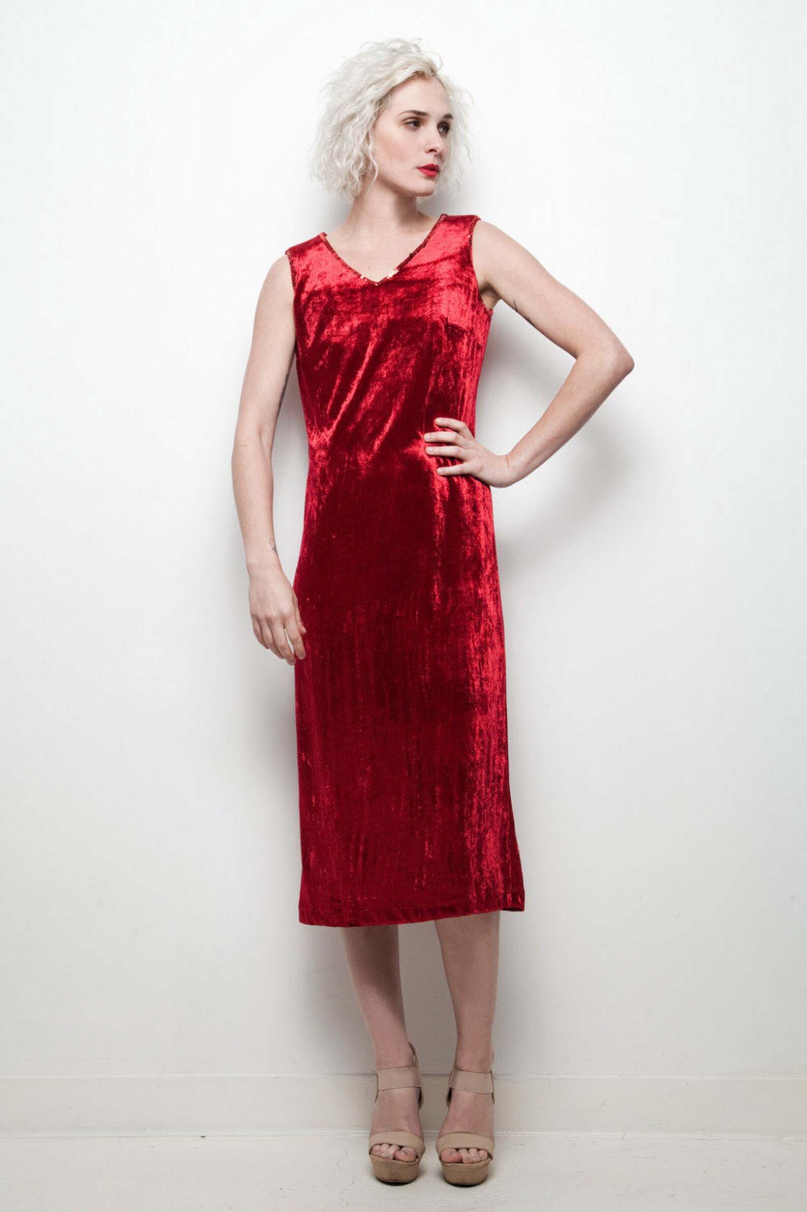 Red Velvet Dress Bolero Jacket Set Vintage 2-piece Sequin Trim Bell ...