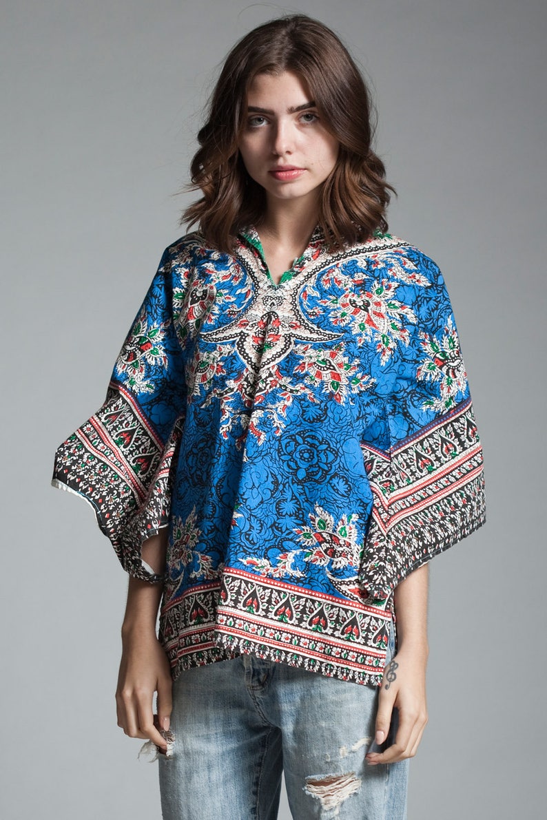 Vintage 70s Dashiki Cotton Tunic Top Angel Sleeves Blue MEDIUM - Etsy