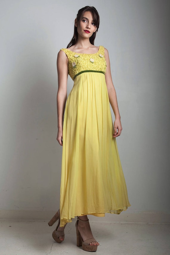 vintage 60s yellow empire maxi dress floral applique … - Gem