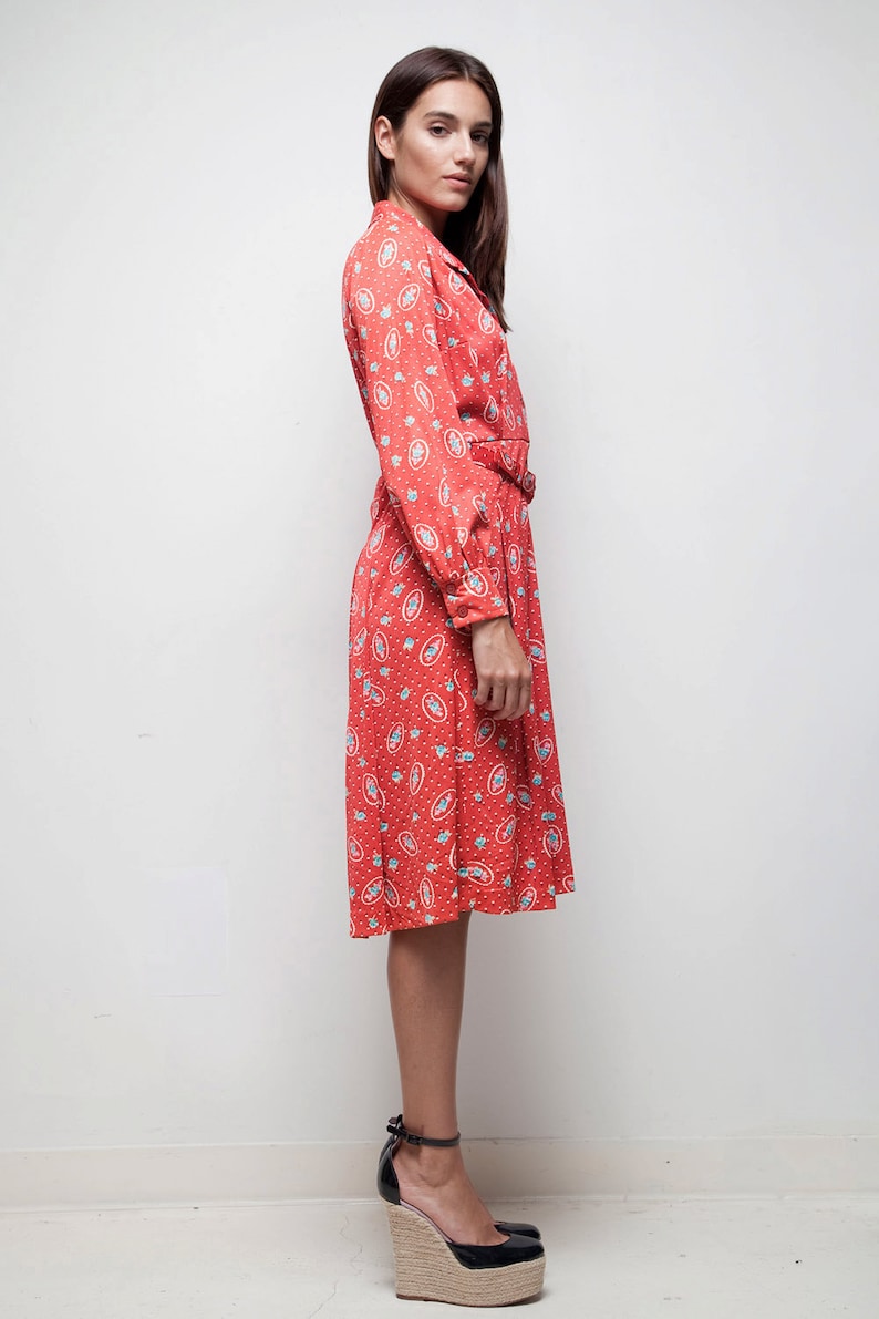 Shirt Waist Dress Belted Red Paisley Midi Modest Librarian Shirtdress ...