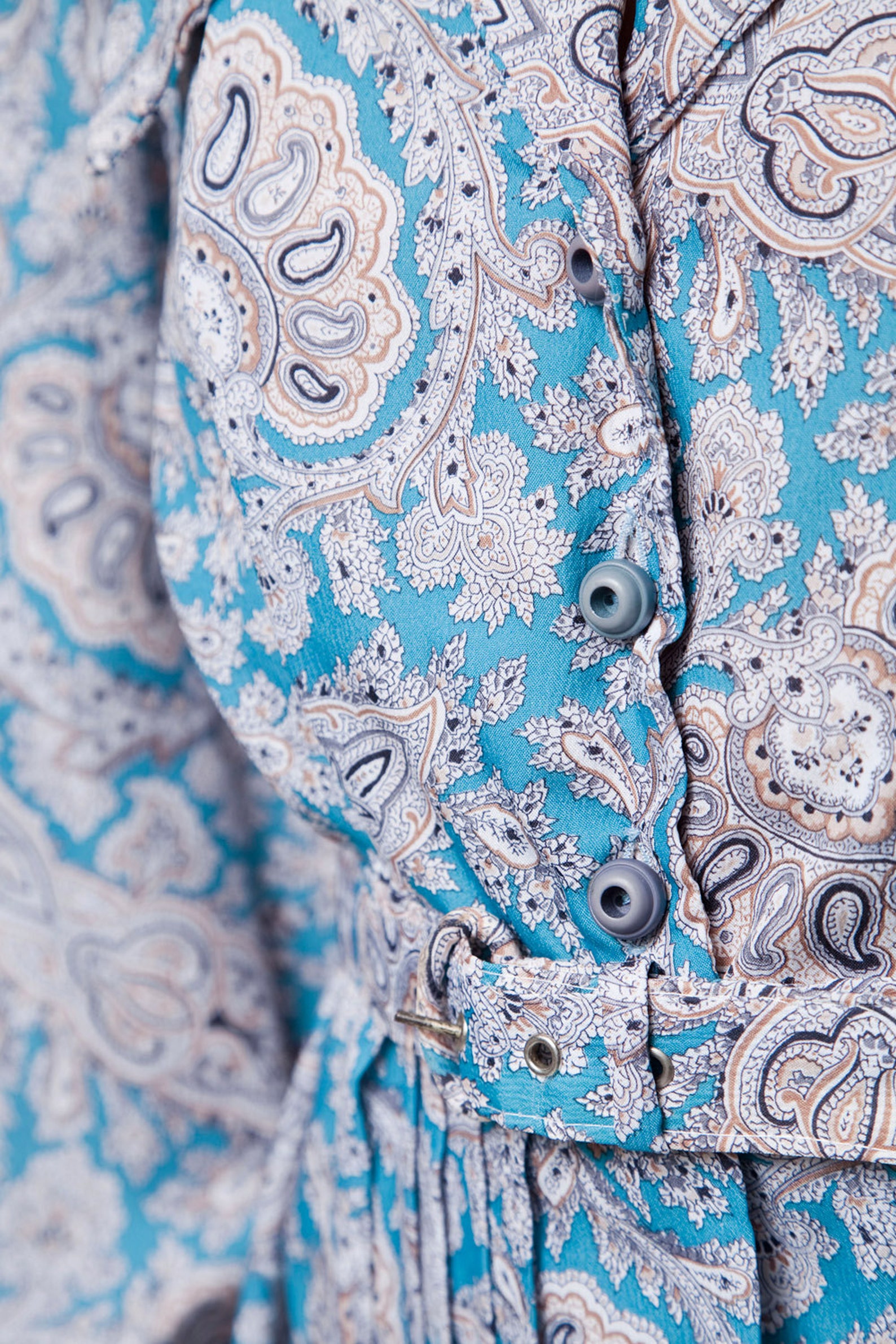 Vintage 70s Blue Paisley Print Belted Pleated Shirtwaist Dress LARGE L ...