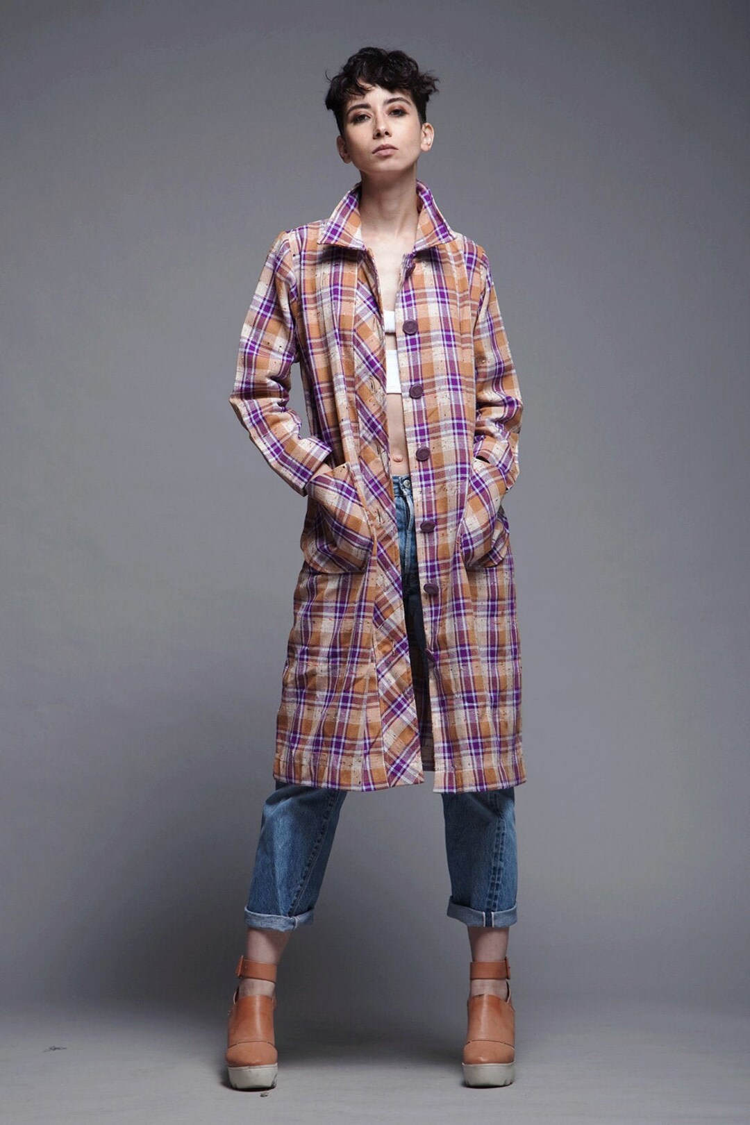 Tweed Plaid Coat Dress Pleated Duster Brown Purple Patch Pockets ...