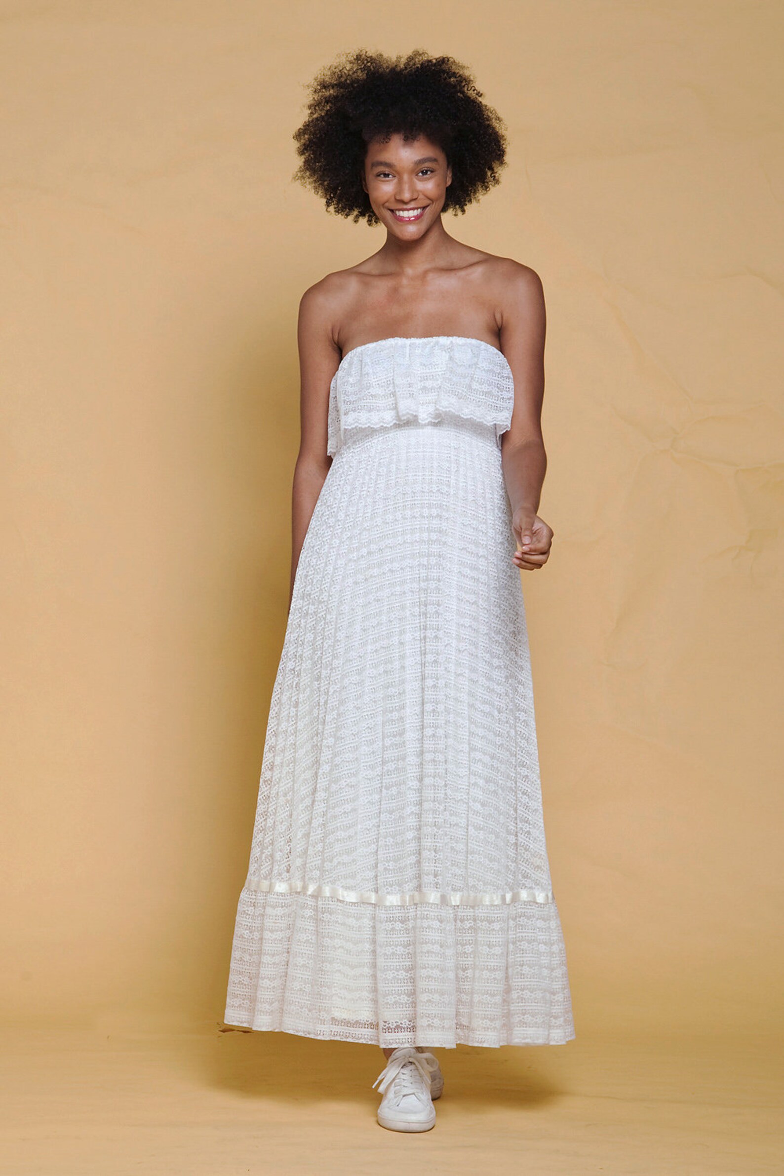 Boho Maxi Dress White Lace Strapless Ruffles Bohemian Bride - Etsy