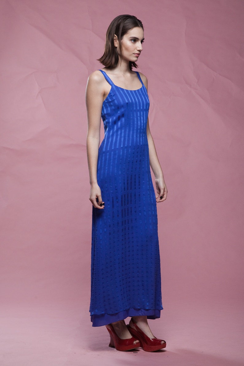 Blue Silk Dress Flowy Maxi Ankle Length Shoulder Straps - Etsy