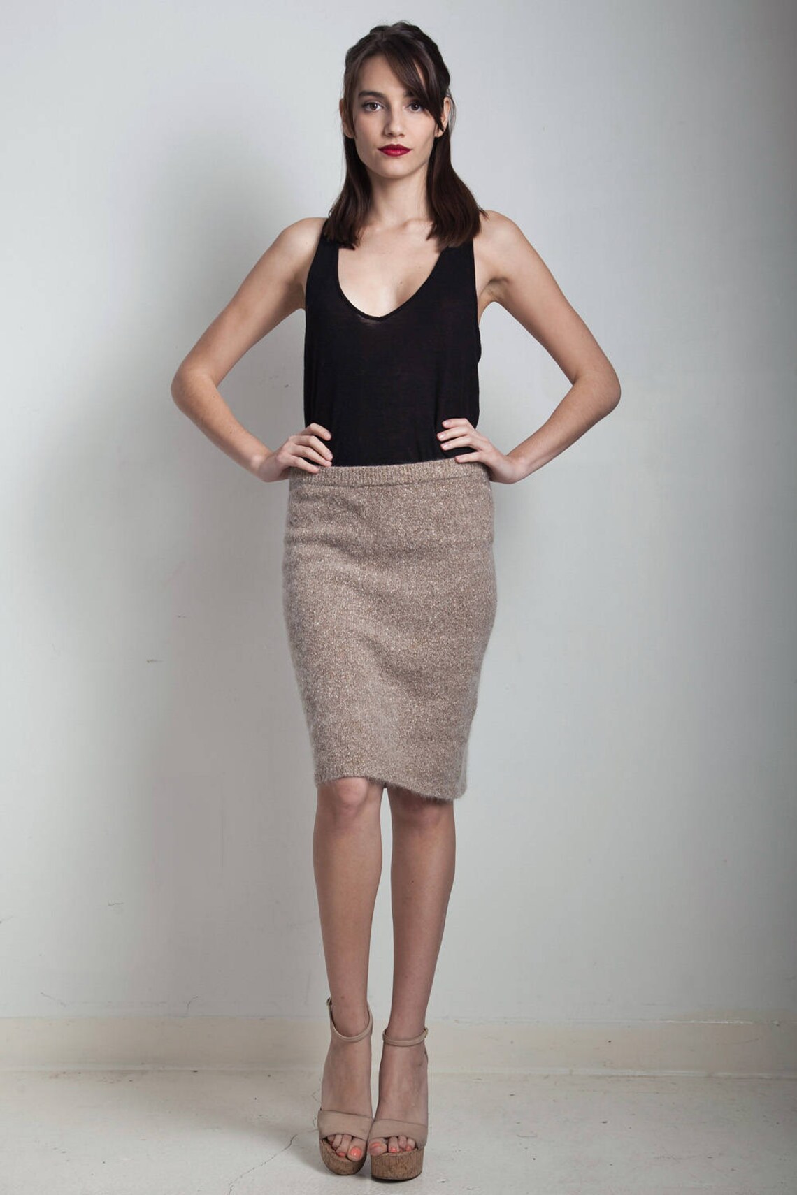 Angora Skirt Vintage Pencil Skirt Knee Length Brown Silk | Etsy