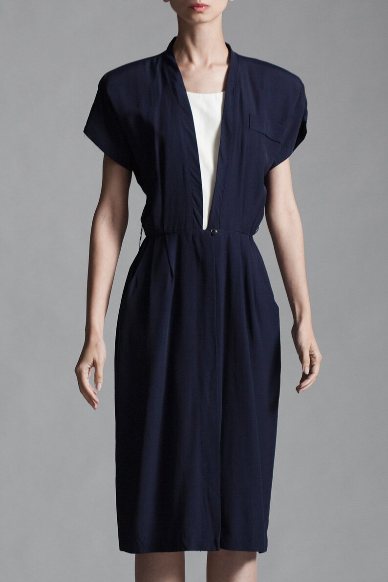 Dickey Dress Day Dress Navy Blue White Secretary Sleeveless Etsy