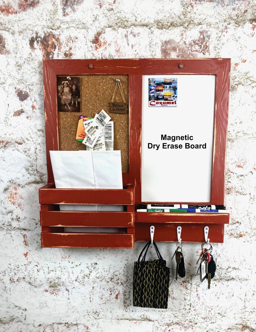 Magnetic Mini Command Center – Corkboard, Dry Erase, Mail Holder, 3 Key ...