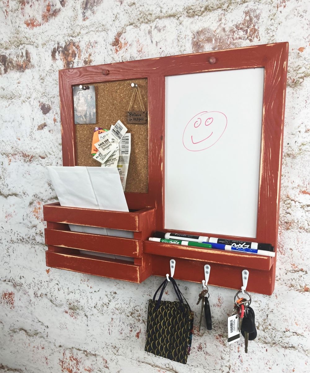 3 Hook Mini Dry Erase Cork Board Kitchen Organizer | Etsy