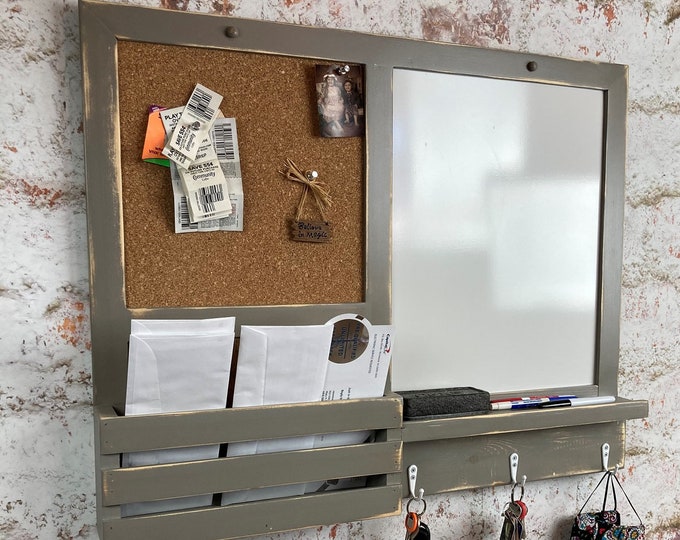 Mail Organizer Cork Board White Board Key Hooks Wood Wall Hanging Mail ...