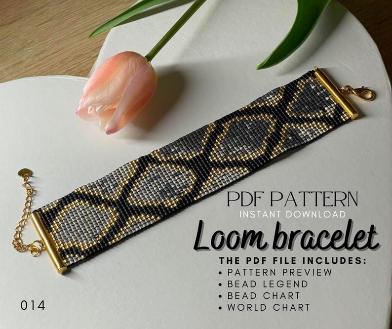 Snake Skin Loom Bracelet Pattern PDF, Black Gold Beaded Cuff Design ...