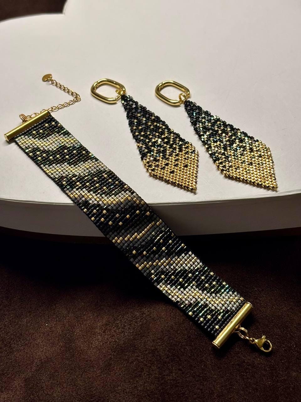 Beaded Jewelry Set – Handmade Bracelet and Fringe Earrings in Black ...