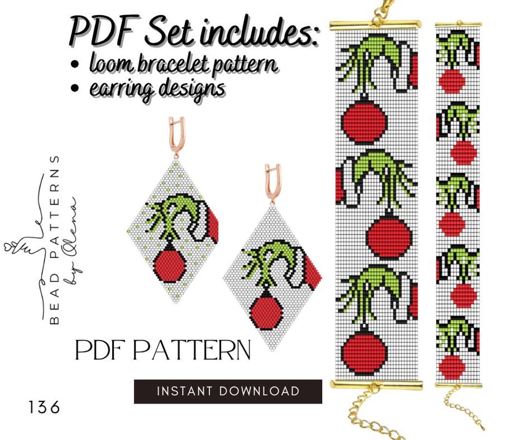 Grinch Hand Beading Pattern, Christmas Loom Bracelet & Earrings Set ...