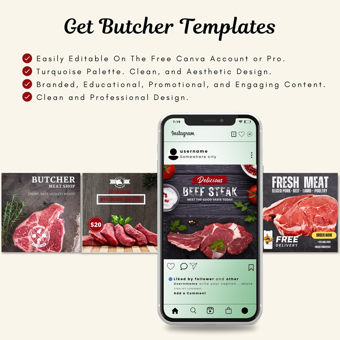 Butcher Shop Social Media Templates - Farm Meat Canva Posts - Editable ...
