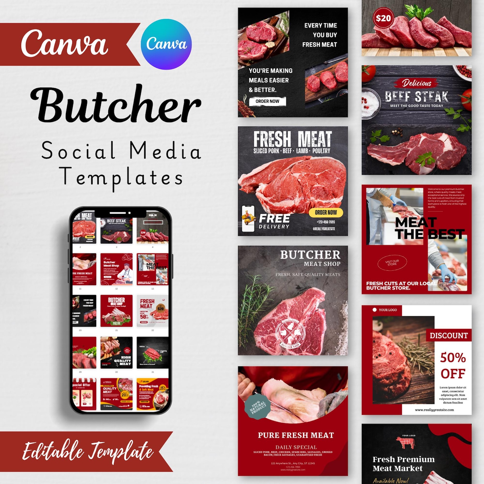 Butcher Shop Social Media Templates - Farm Meat Canva Posts - Editable ...